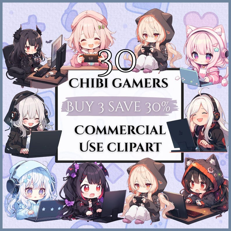 Chibi Anime Gamer Girls Clipart Bundle - Kawaii, Happy, Goth Streamer ...