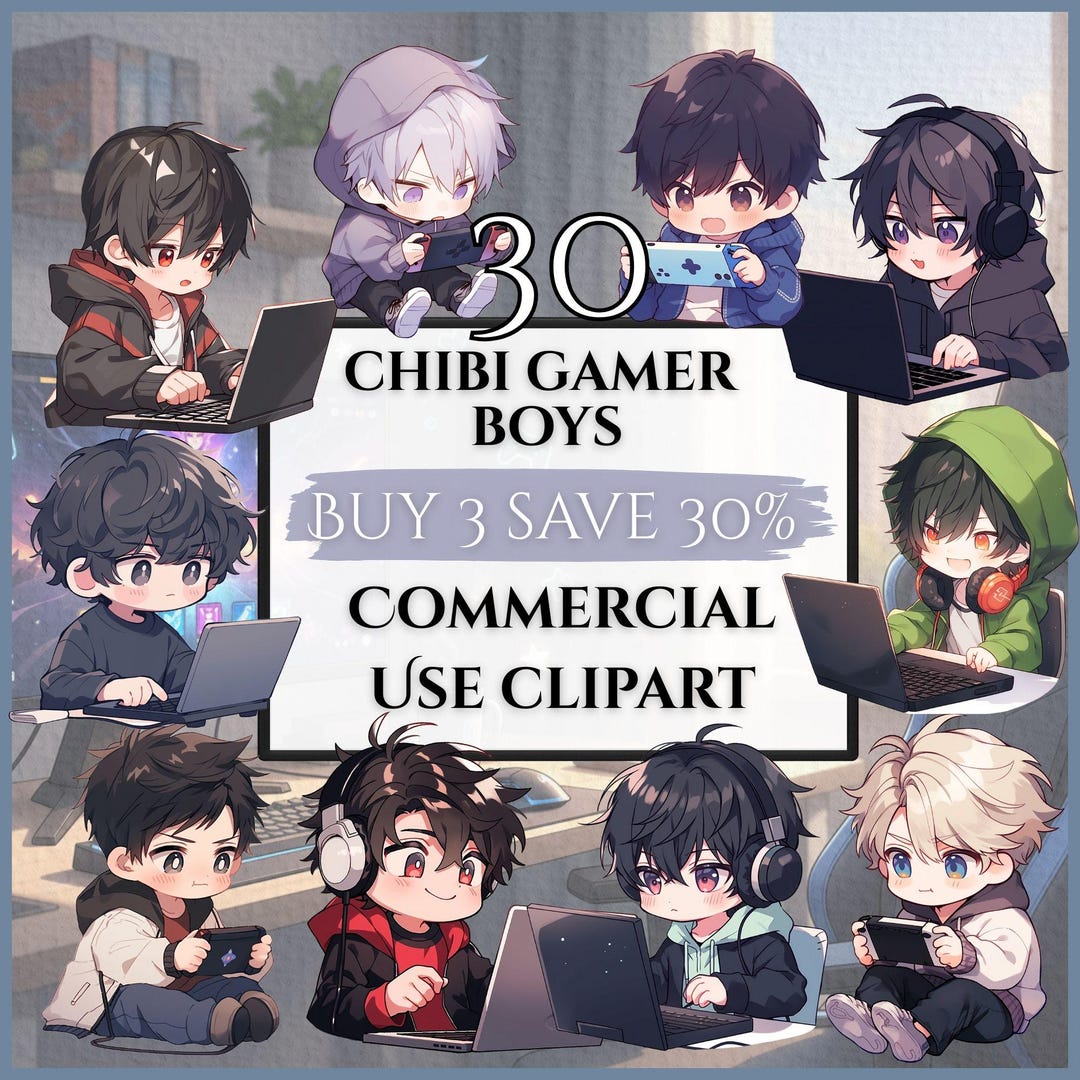 Chibi Gamer Boys Clipart Bundle - Kawaii and Competitive Streamers ...