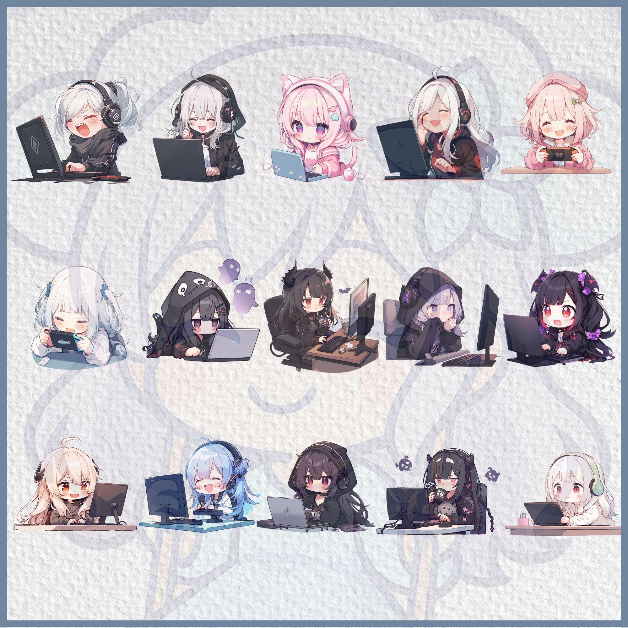 Chibi Anime Gamer Girls Clipart Bundle - Kawaii, Happy, Goth Streamer ...