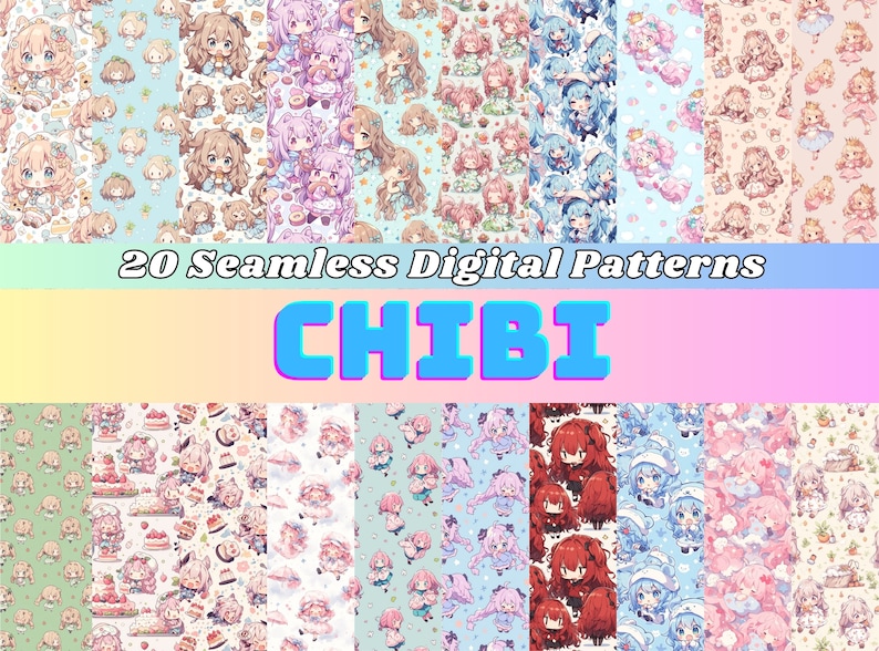 CUTE CHIBI ART Chibi Anime Seamless Pattern Printable Digital Paper ...