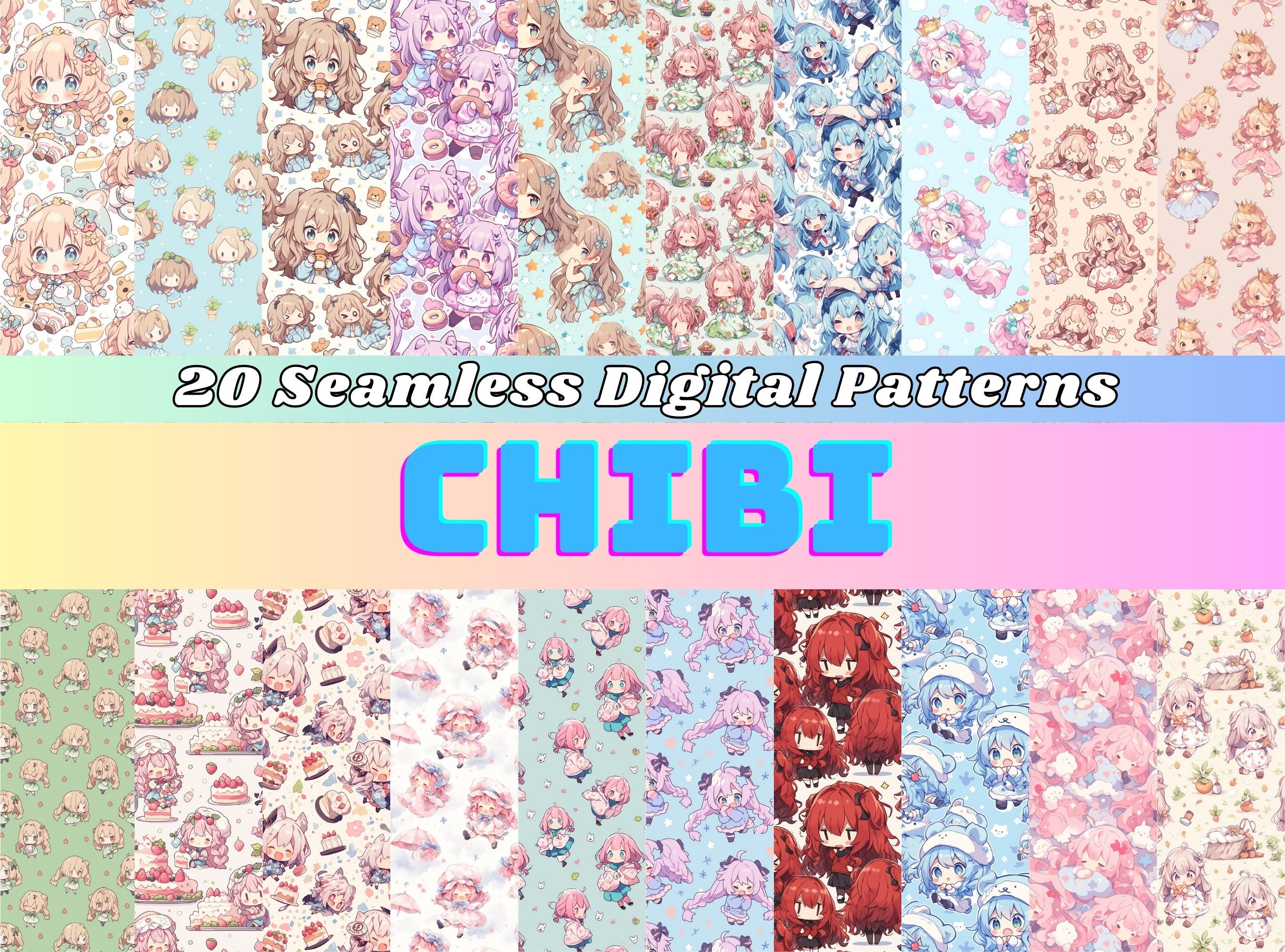 CUTE CHIBI ART Chibi Anime Seamless Pattern Printable Digital Paper ...