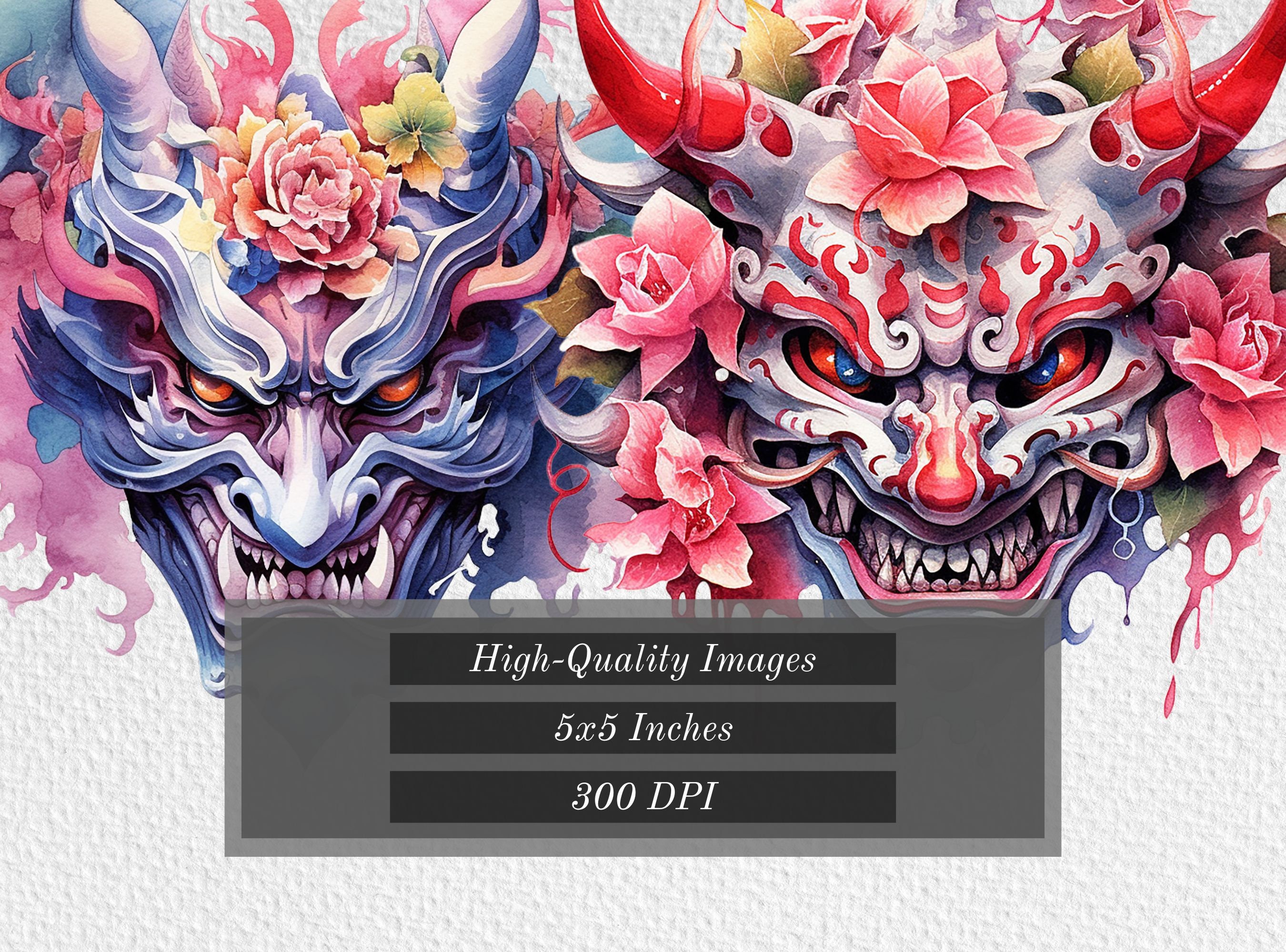 Watercolor Japanese Demon Face Clipart - Hannya Tattoo Style - 11 ...