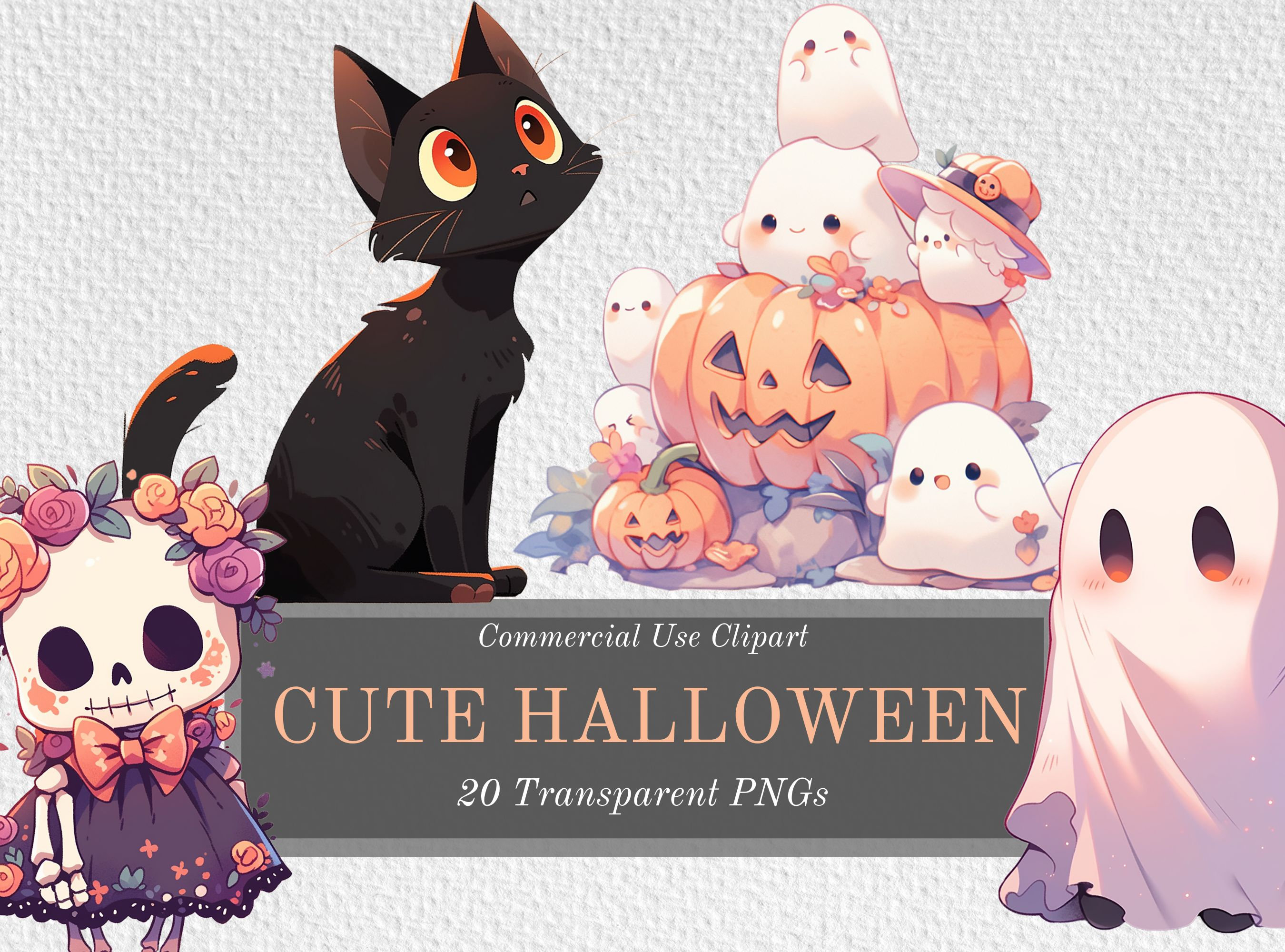 Cute & Spooky Halloween Clipart - Ghosts Skeletons Pumpkins Cats - 20 ...