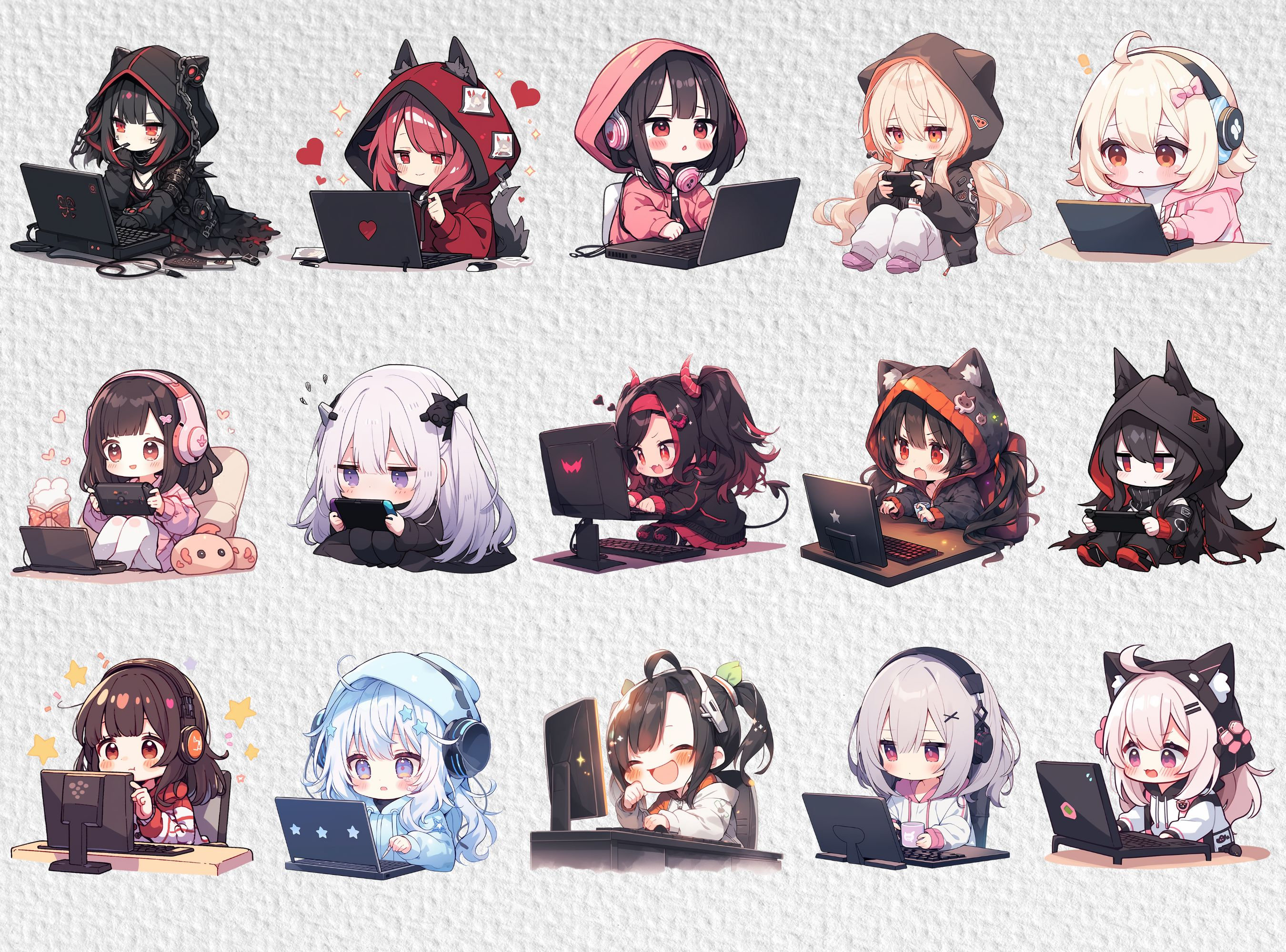 Chibi Anime Gamer Girls Clipart Bundle - Kawaii, Happy, Goth Streamer ...