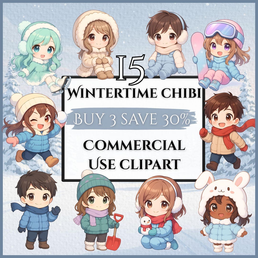 Wintertime Chibi Clipart Pack • 15 Pngs • Cute Anime Winter Chibis ...