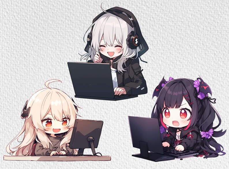 Chibi Anime Gamer Girls Clipart Bundle Kawaii Happy Goth - Etsy
