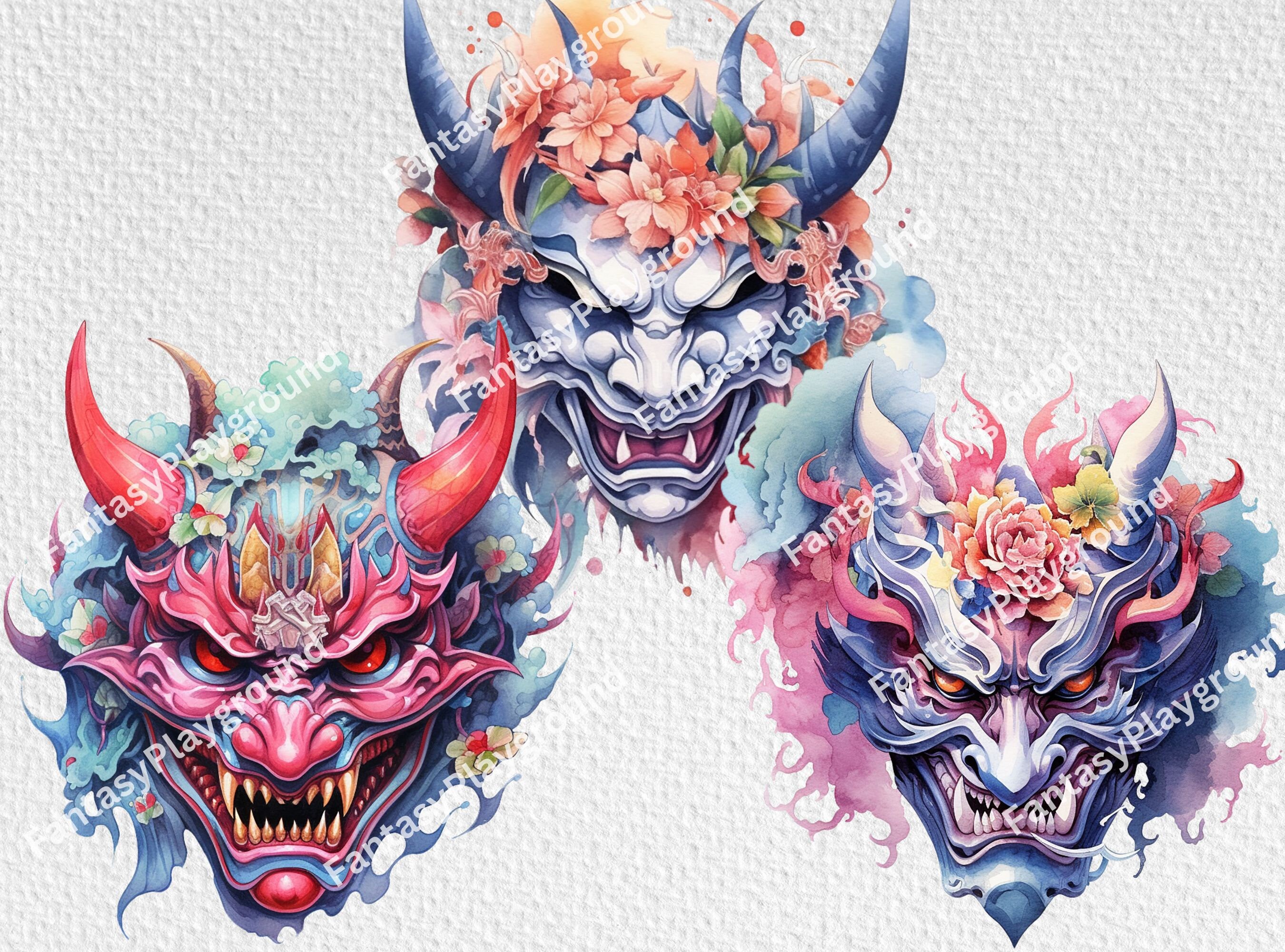 Watercolor Japanese Demon Face Clipart Hannya Tattoo Style 22 ...