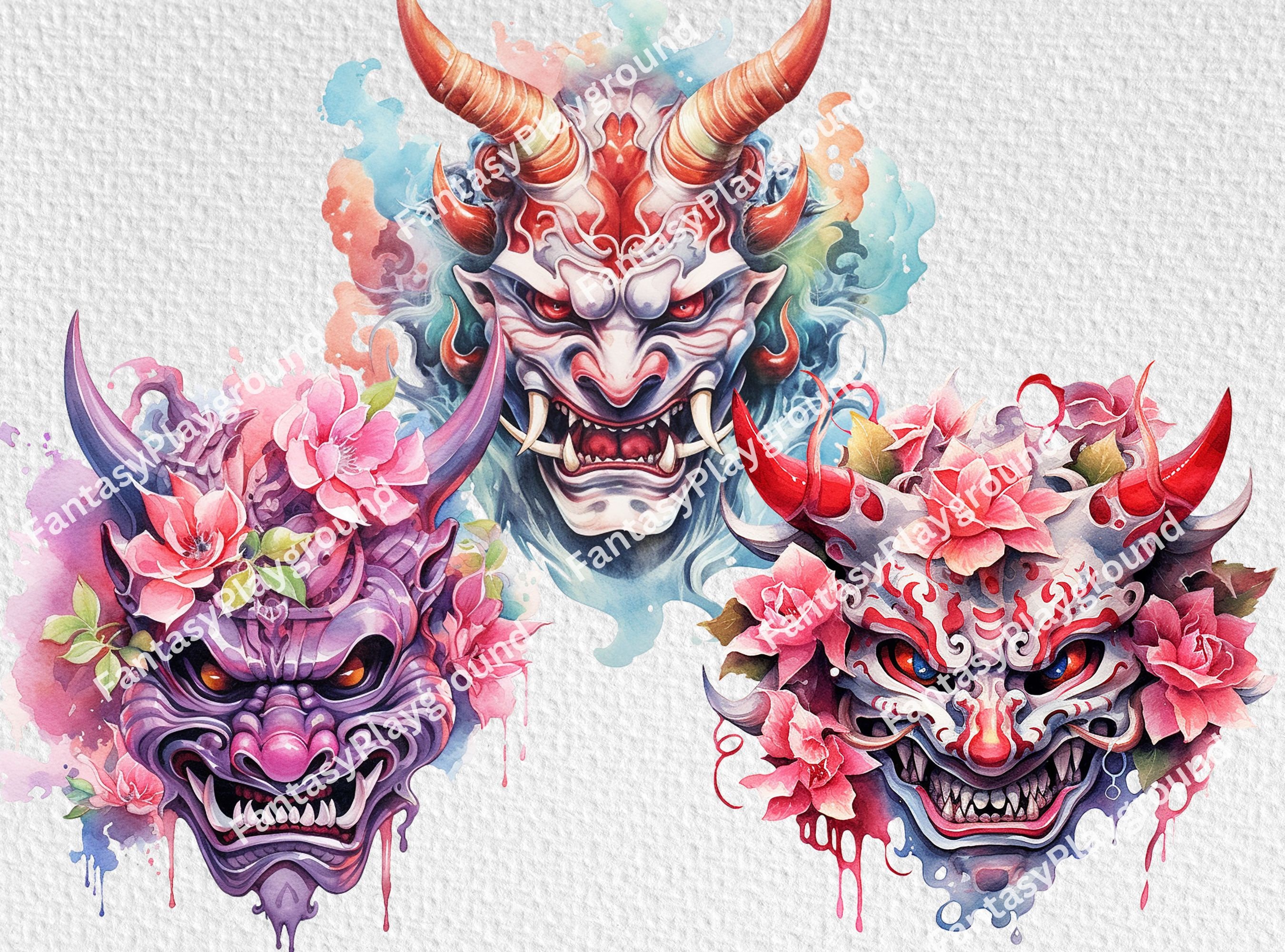 Watercolor Japanese Demon Face Clipart Hannya Tattoo Style 22 ...