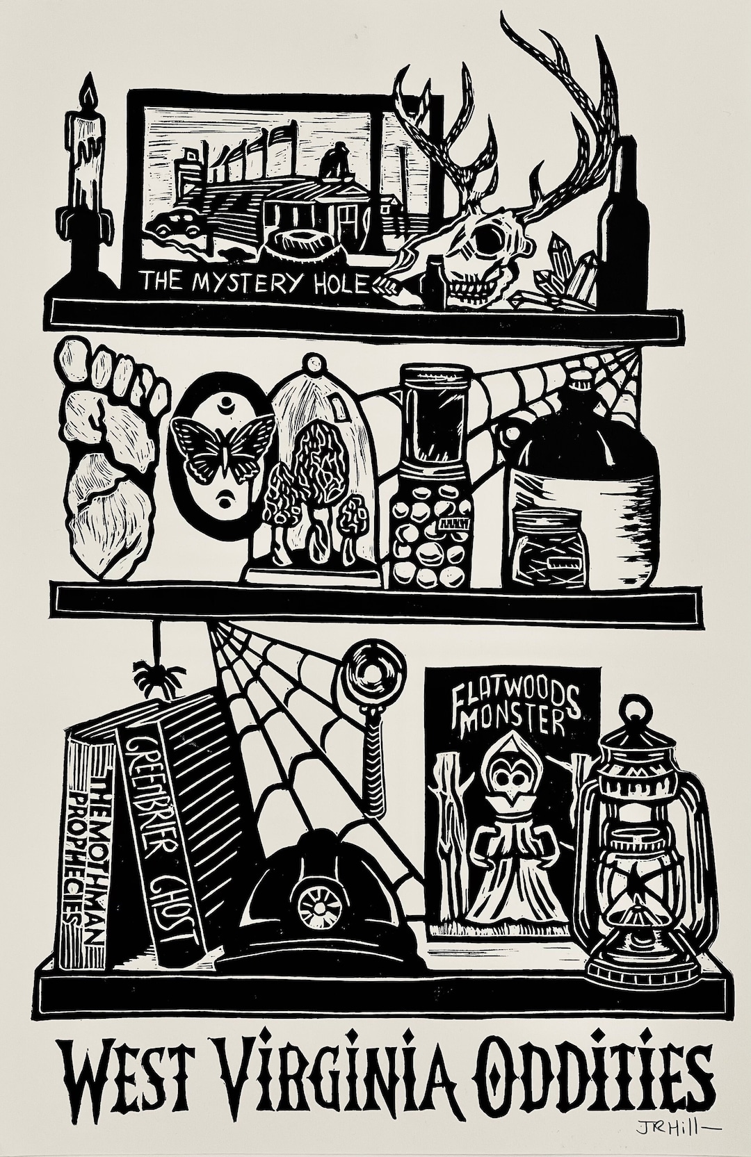 West Virginia Oddities Linocut Print, West Virginia Art, WV History, Cryptids, Mothman ...