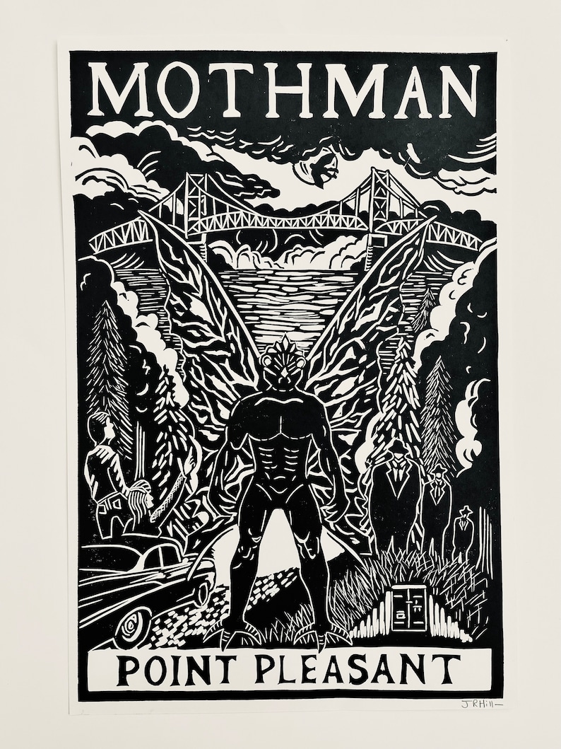 Mothman Linocut Print, Point Pleasant, WV , Cryptids, West Virginia ...