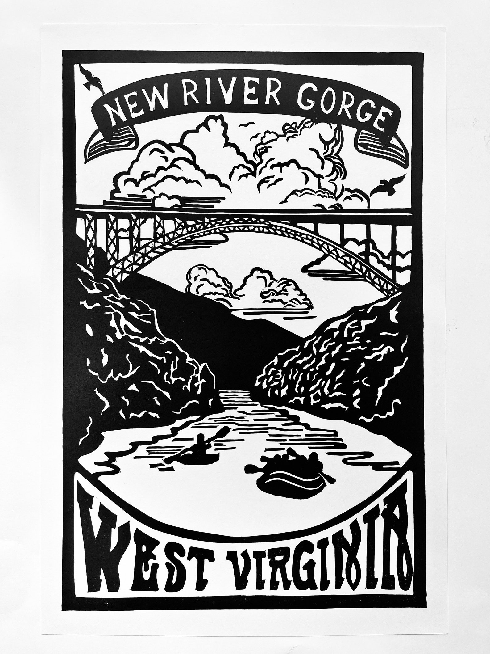New River Gorge National Park Linocut Print, Handmade 12 by 18 In, New ...