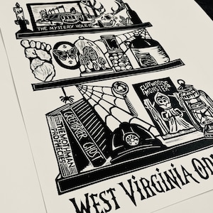 West Virginia Oddities Linocut Print, West Virginia Art, WV History, Cryptids, Mothman ...
