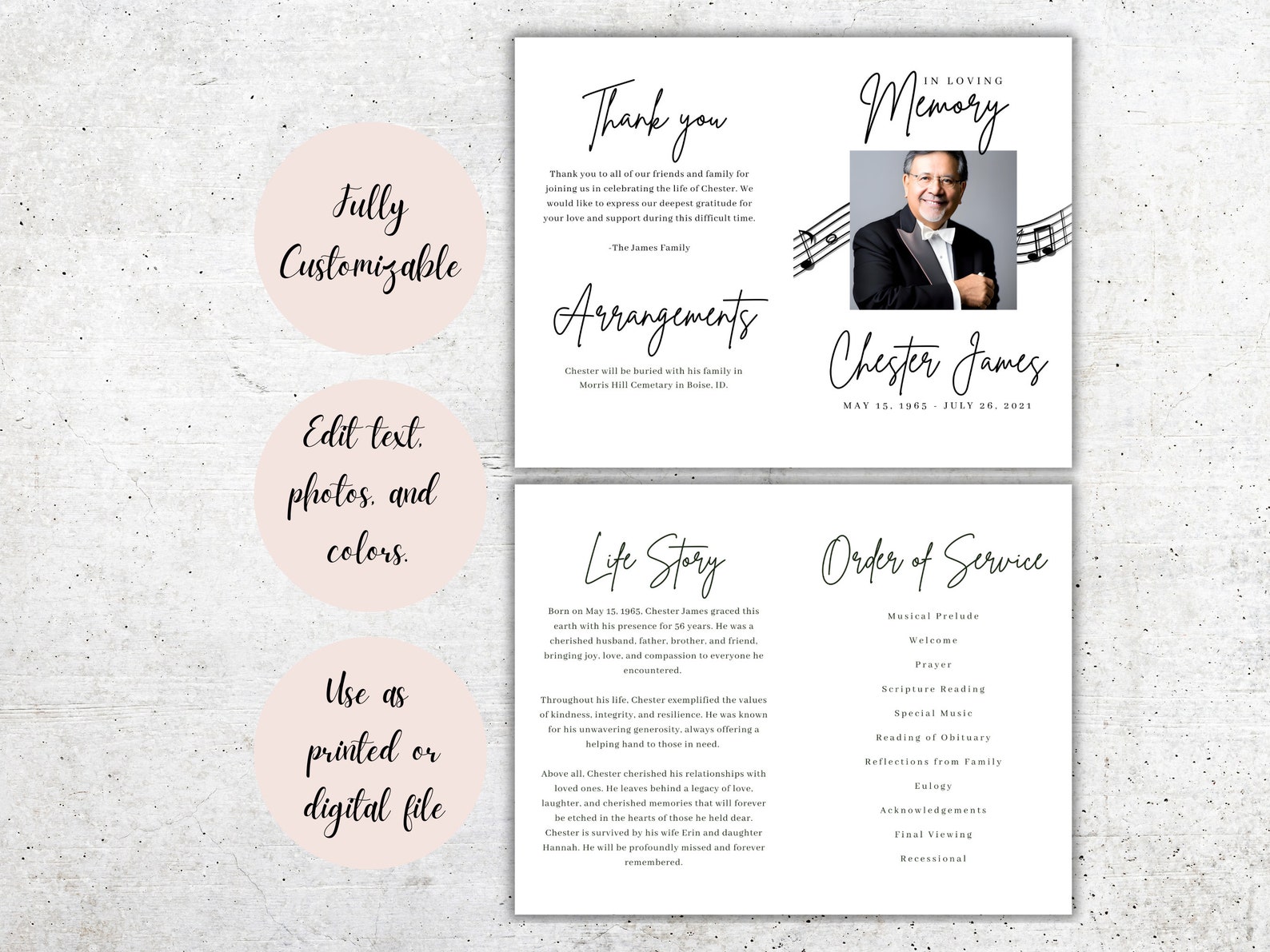 Music Note Funeral Program Template: Editable Memorial Service (digital ...