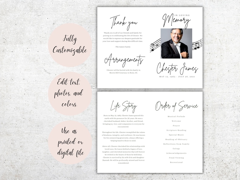 Music Note Funeral Program Template: Editable Memorial Service (digital ...