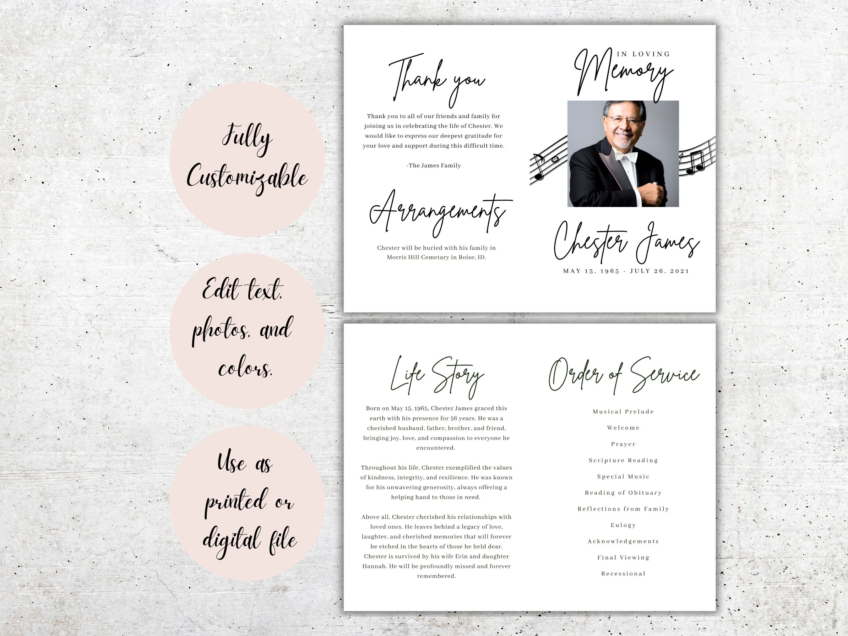 Music Note Funeral Program Template, Printable Musical Memorial Service ...