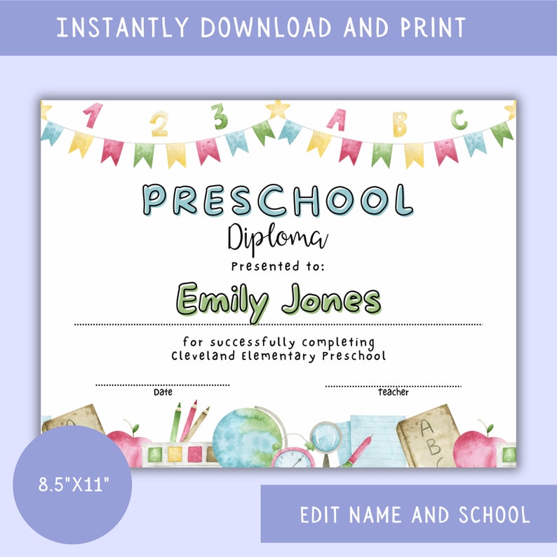 Editable Preschool Graduation Diploma Canva, Printable Graduation ...