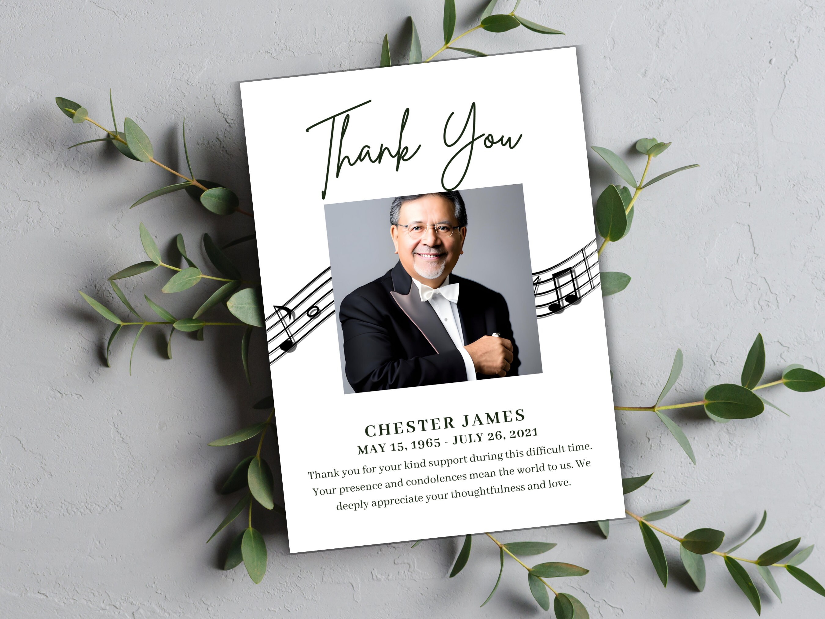 Music Note Funeral Thank You Card With Photo, Personalized Musical ...