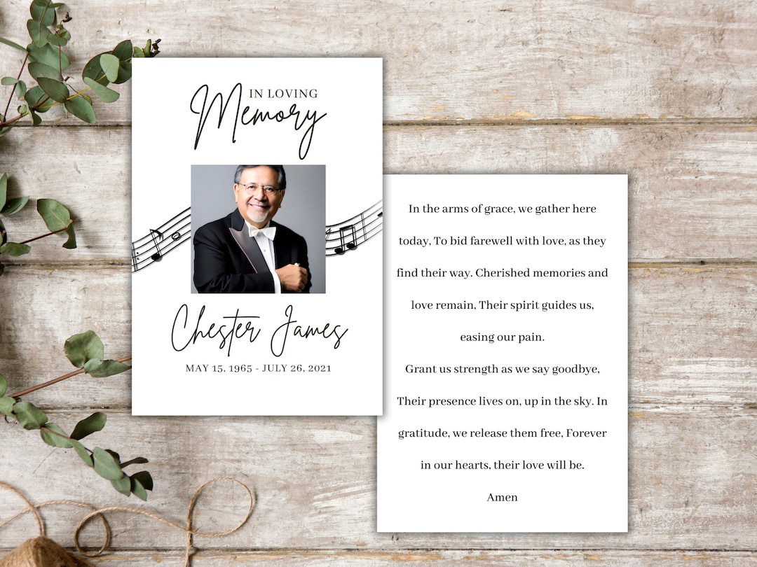 Music Note Funeral Prayer Card Template, Editable Funeral Poem Card ...