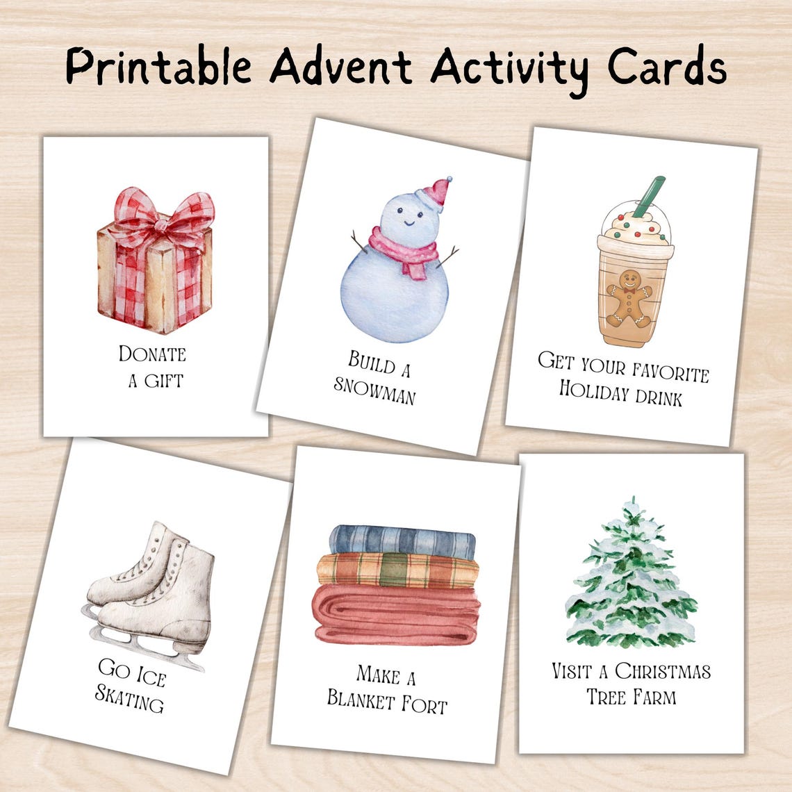 Printable Advent Activity Cards for Kids, Watercolor Christmas Bucket ...