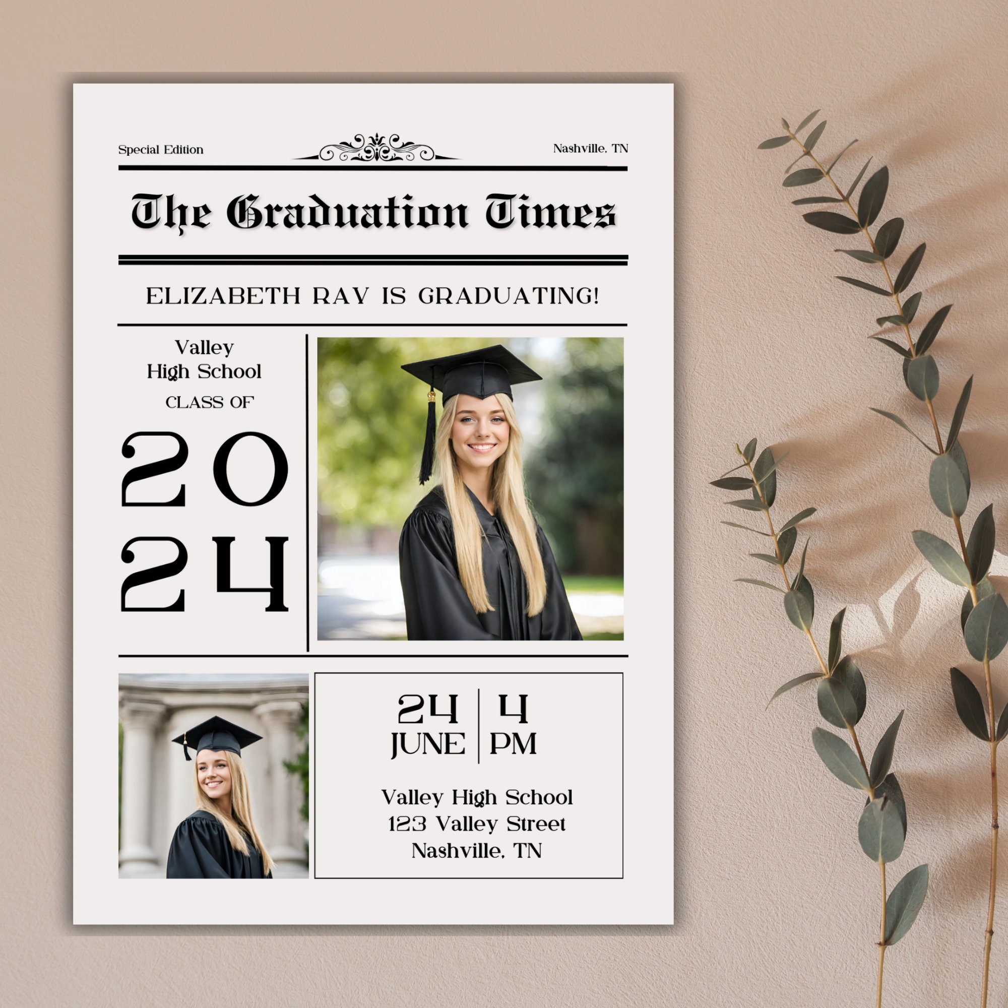 Newspaper Graduation Announcement, Graduation Invitation Template ...