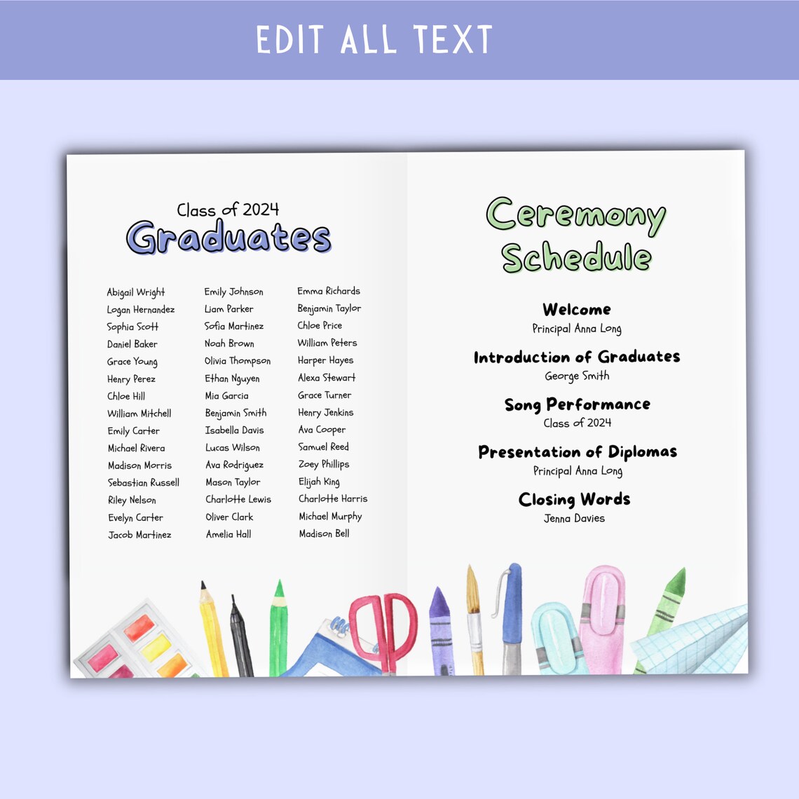 Kindergarten Graduation Program Template, Printable Graduation Program ...