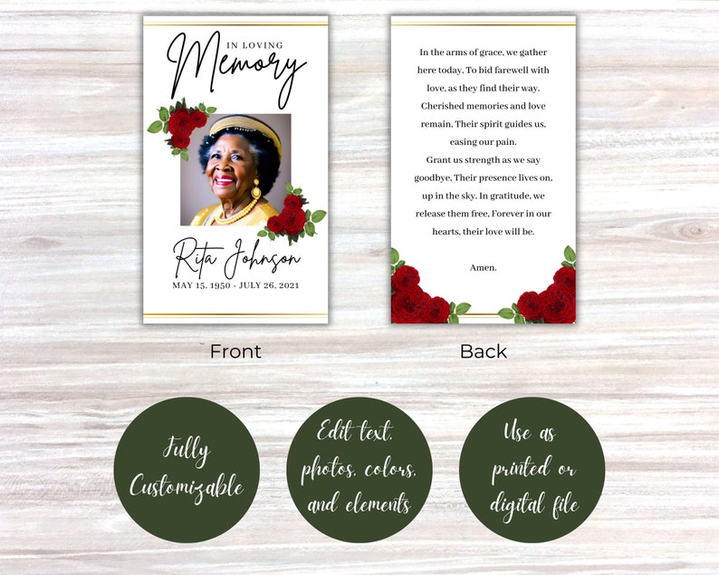 Red Rose Funeral Prayer Card Template: Editable Memorial (digital ...