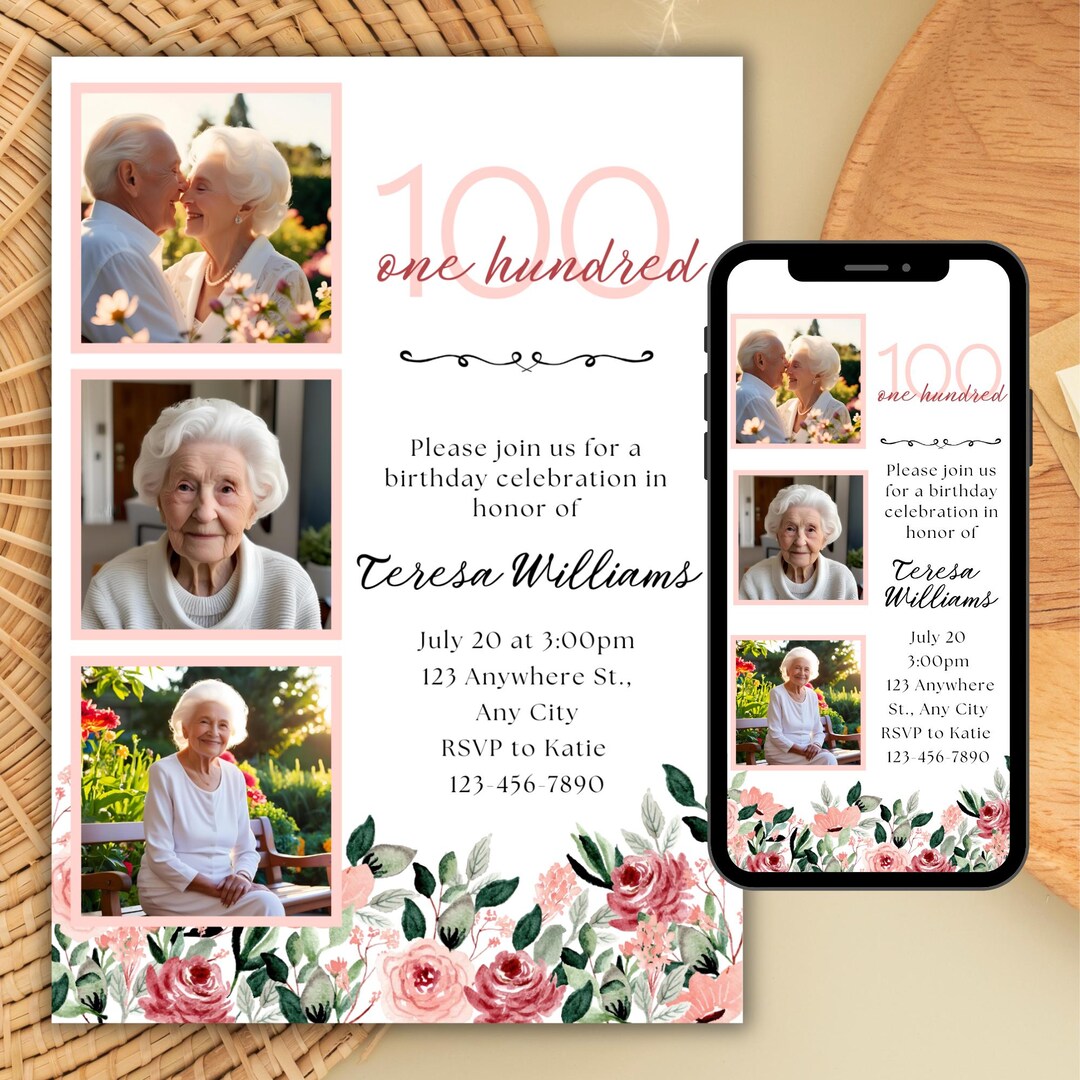 100th Birthday Invitation for Women, Printable 100th Birthday Digital ...