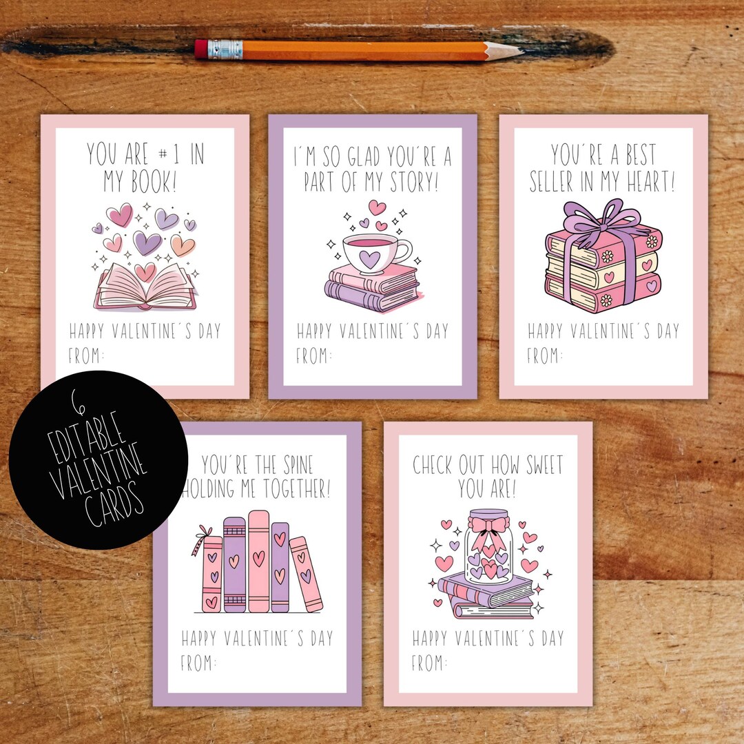 Printable Book Lover Valentine Cards for Kids, Custom Bookish ...