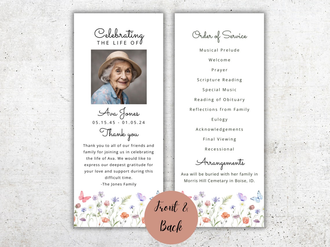 Double Sided Funeral Program Template With Butterflies, Editable ...