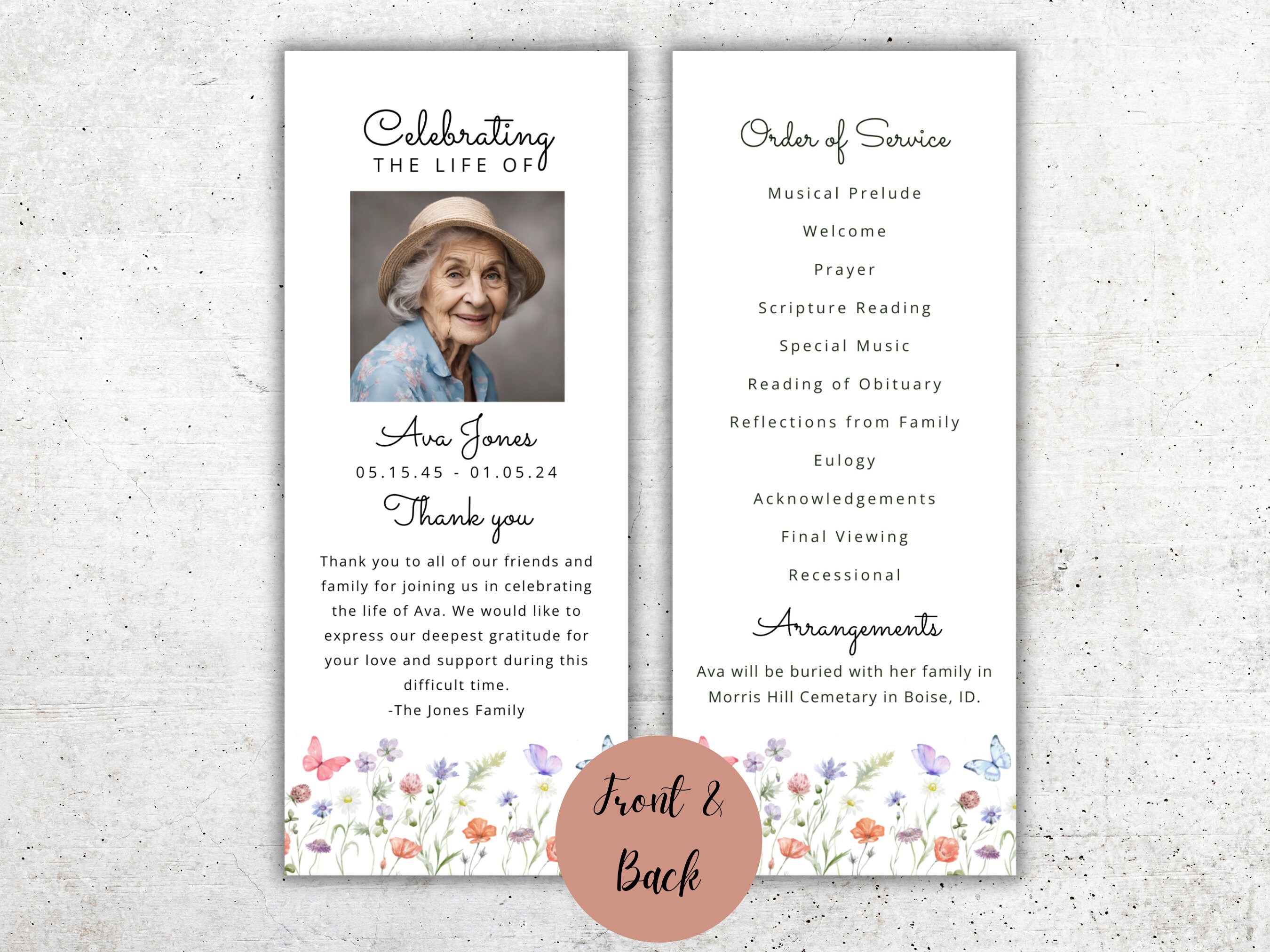 Double Sided Funeral Program Template With Butterflies, Editable ...