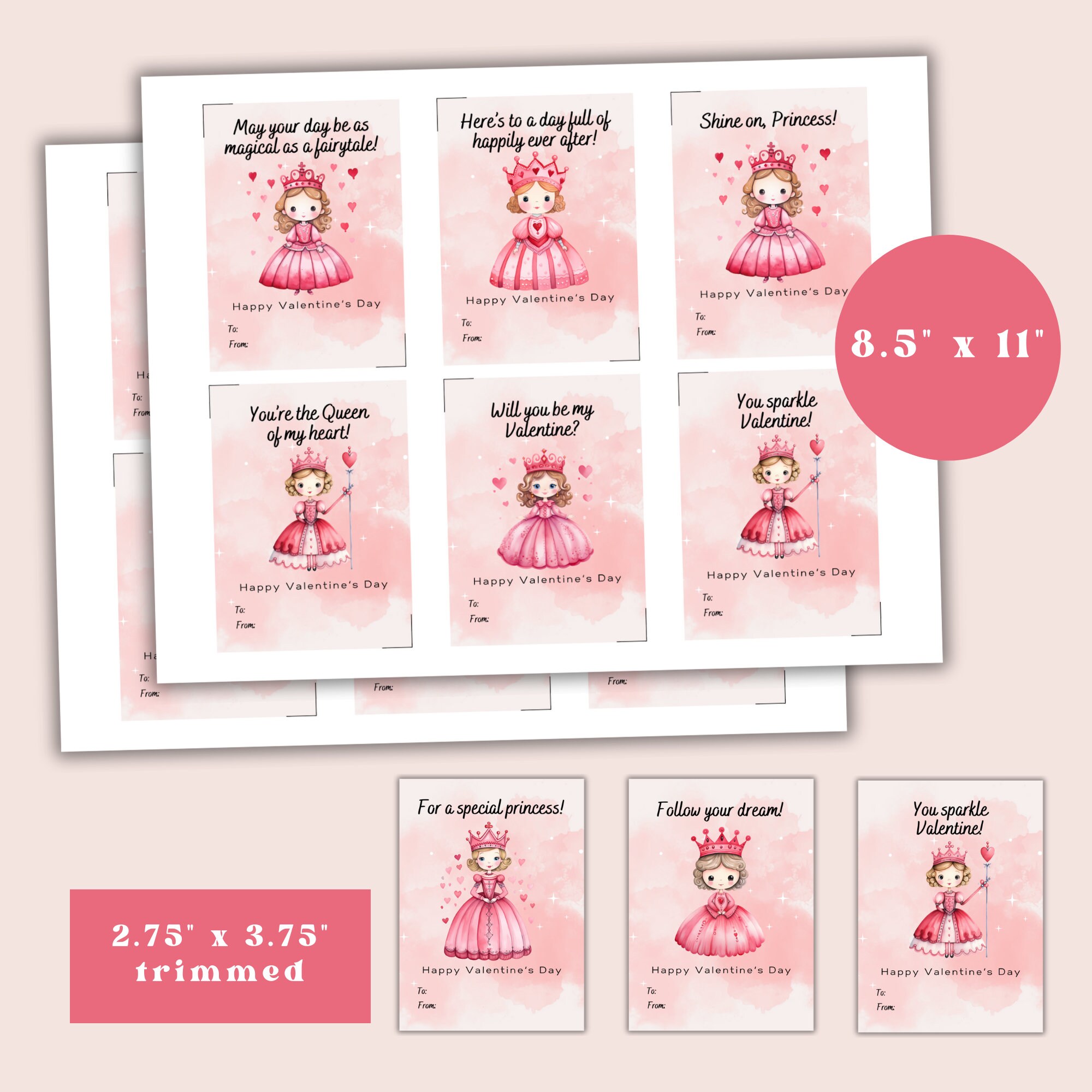 Printable Princess Valentine's Day Cards Class, School Valentine Gift ...