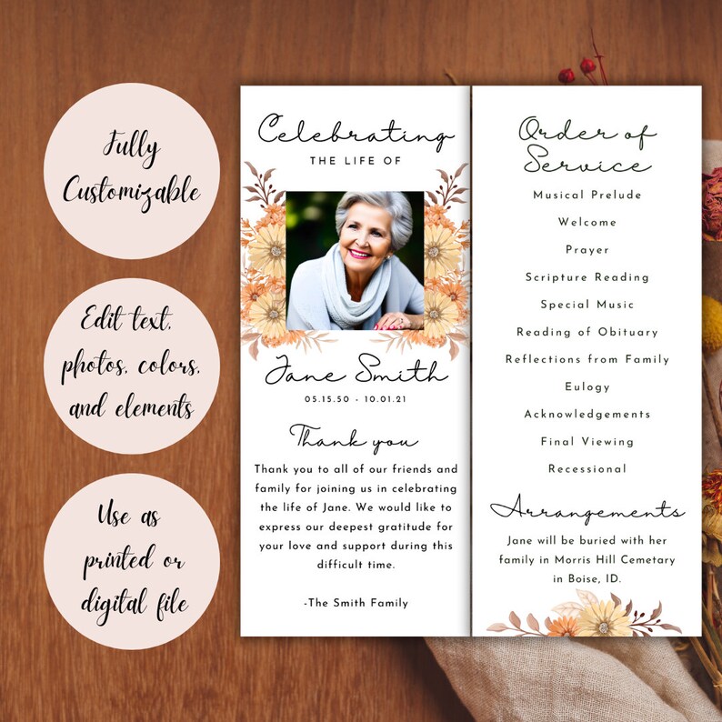 Double Sided Funeral Program Template, Printable Autumn Memorial ...