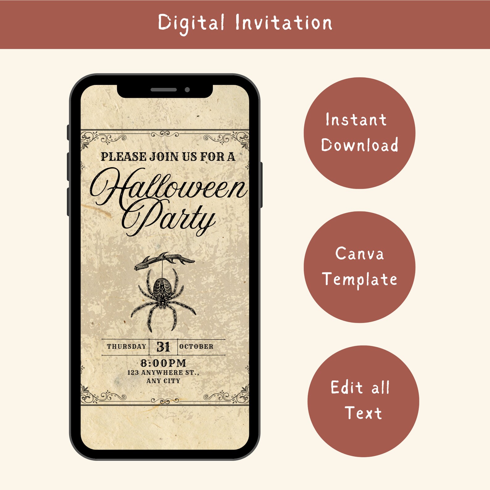 Vintage Spider Halloween Party Invitation, Editable Adult Halloween ...