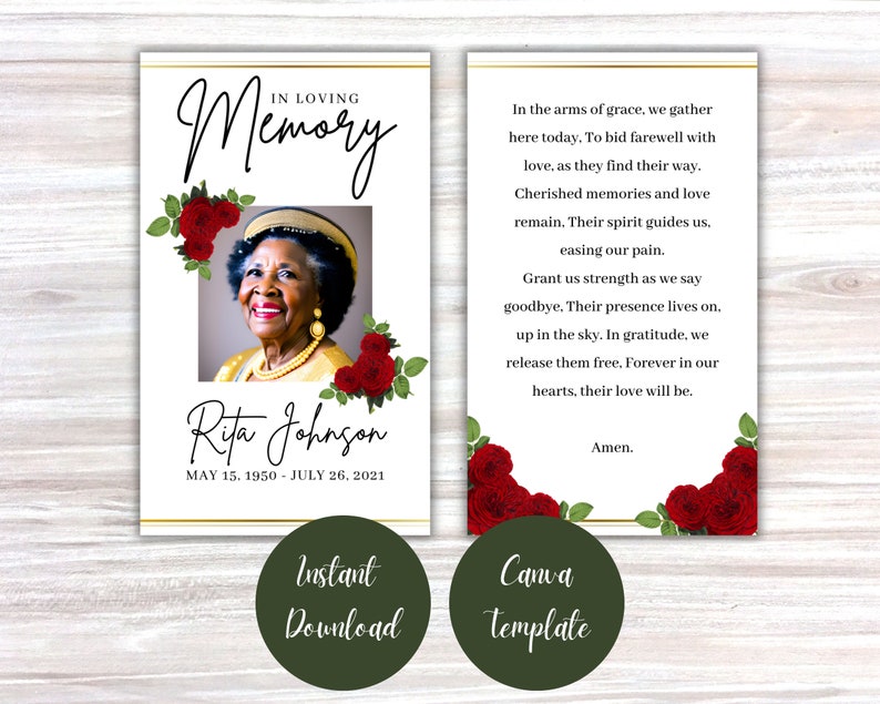 Red Rose Funeral Prayer Card Template: Editable Memorial (digital ...