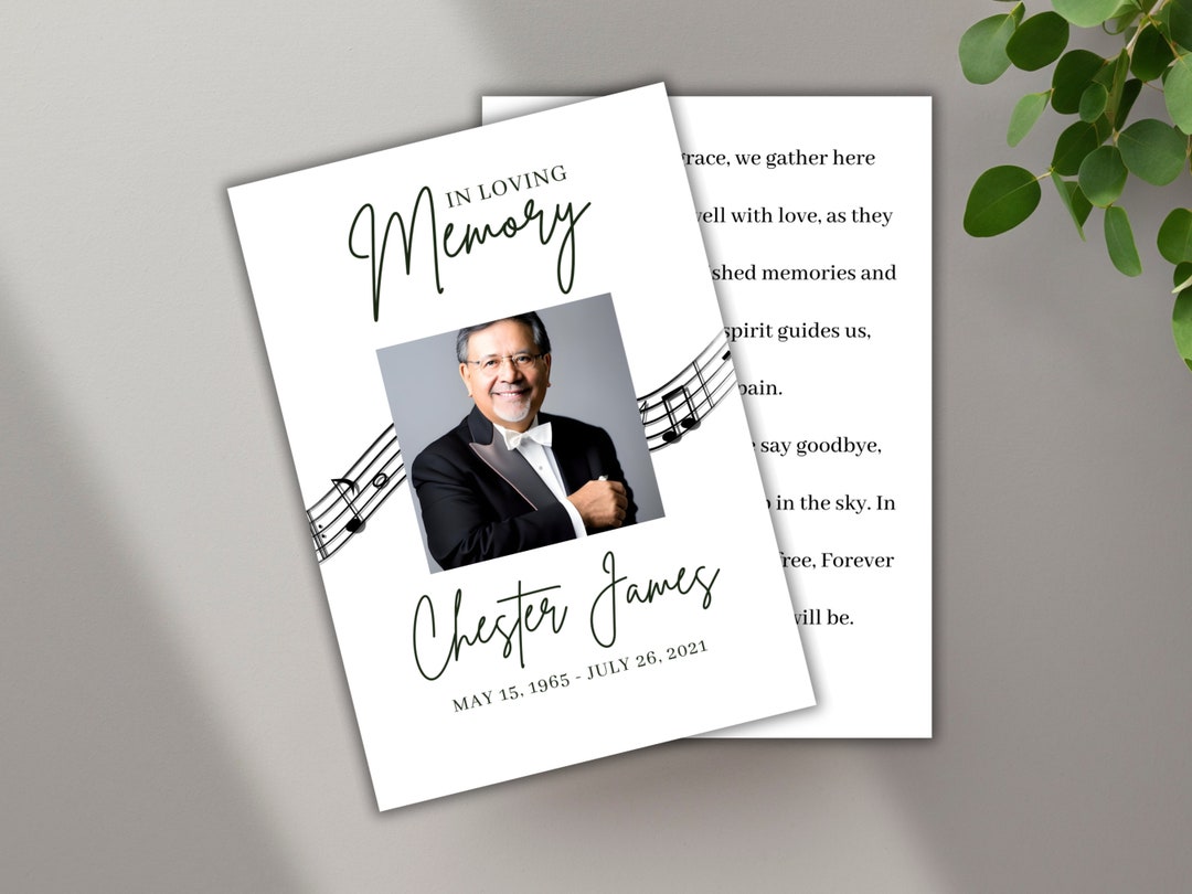 Music Note Funeral Prayer Card Template: Editable Memorial Poem ...