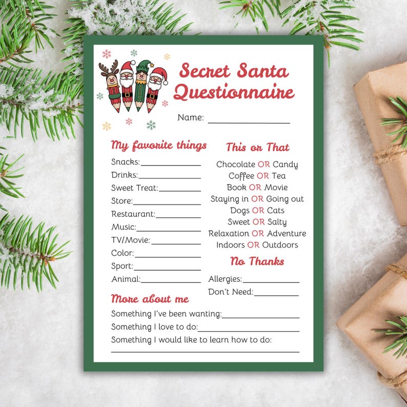 Printable Secret Santa Questionnaire Teachers, Christmas Party Gift ...