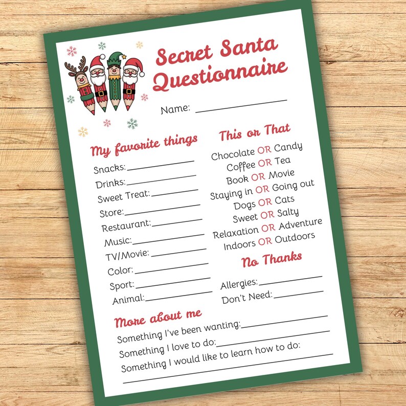 Printable Secret Santa Questionnaire Teachers, Christmas Party Gift ...