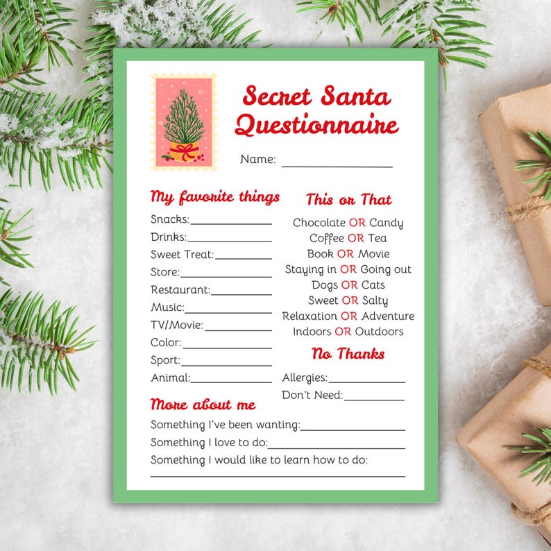 Secret Santa Questionnaire Printable, Christmas Party Gift Exchange ...