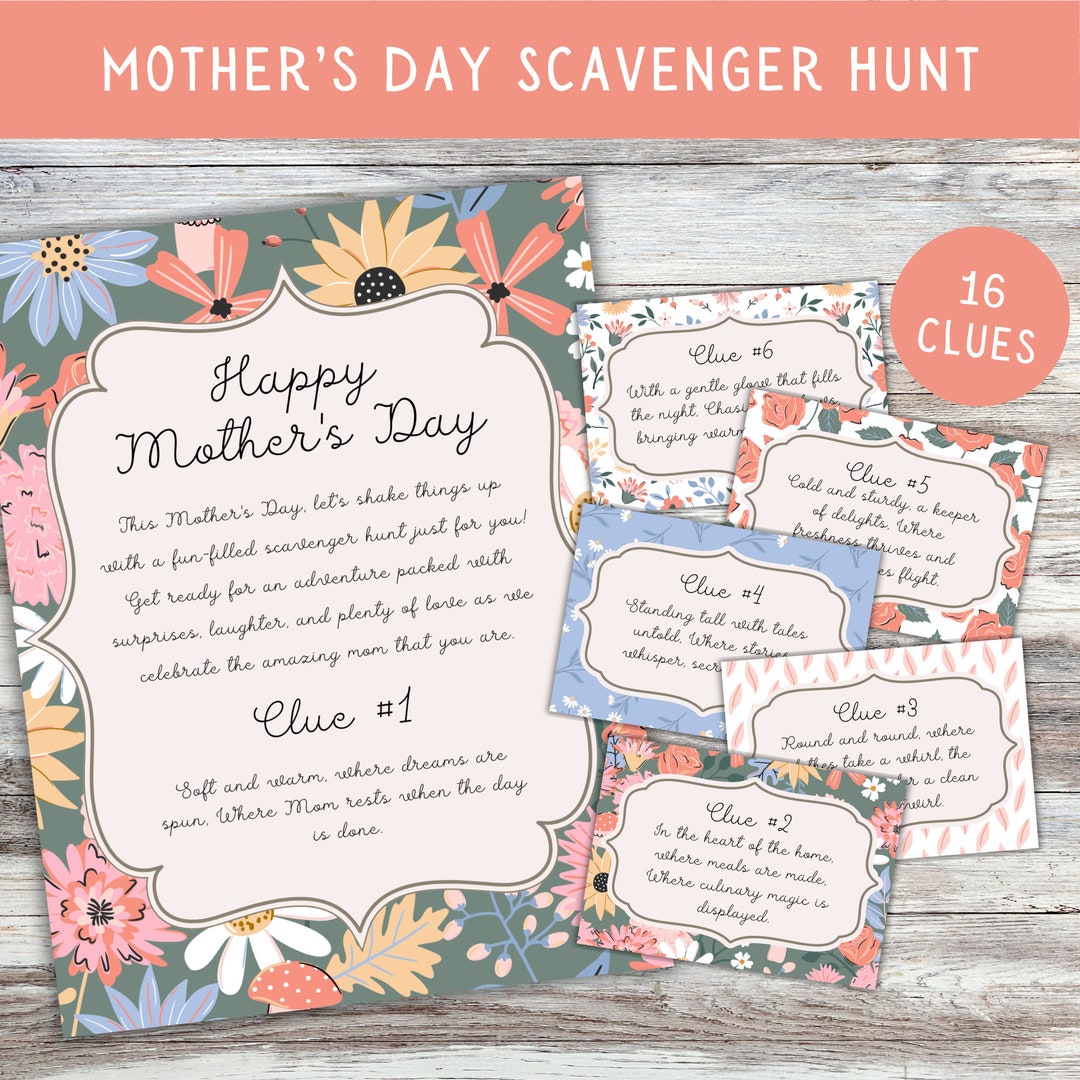 Mother's Day Treasure Hunt Clue Cards, Mother's Day Scavenger Hunt ...