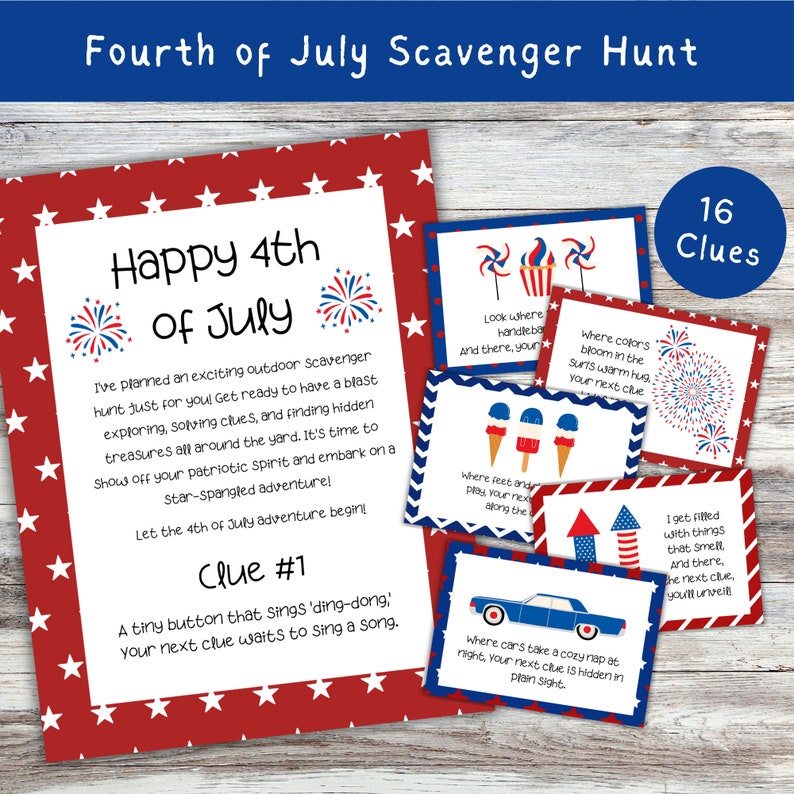 4th of July Scavenger Hunt Clue Cards: Patriotic Printable Game ...