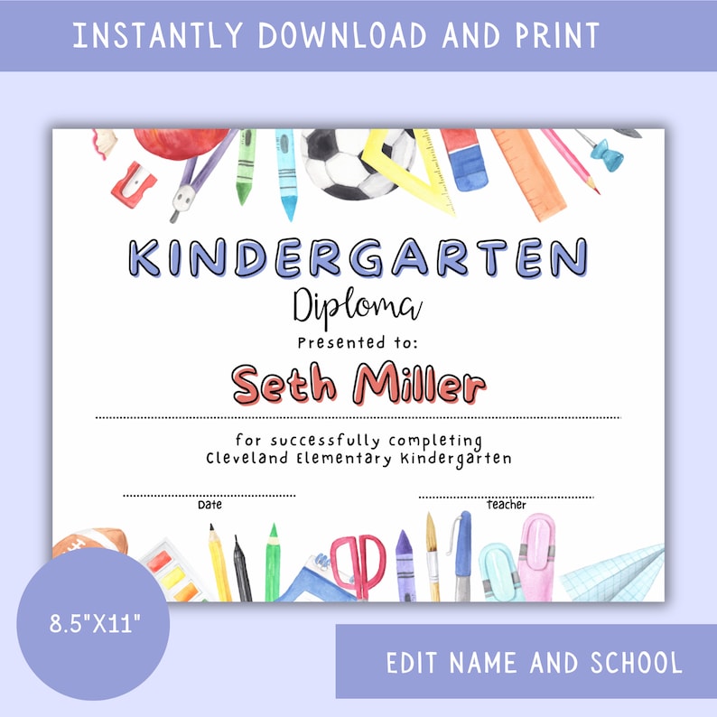 Editable Kindergarten Graduation Diploma Canva, Printable Graduation ...