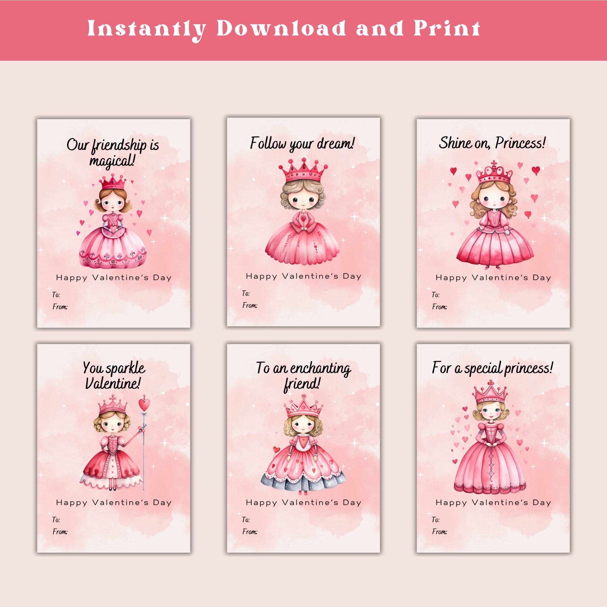 Printable Princess Valentine's Day Cards Class, School Valentine Gift ...