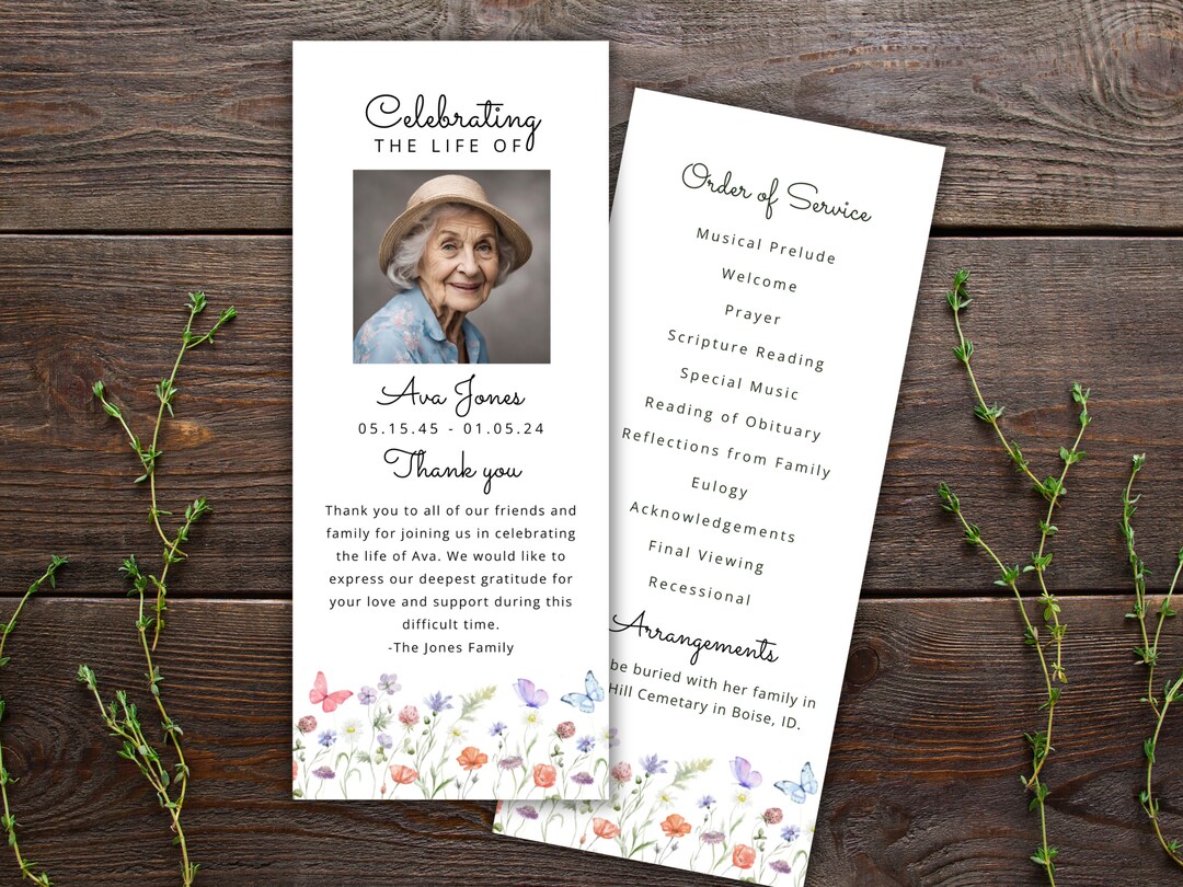 Double Sided Funeral Program Template With Butterflies, Editable ...