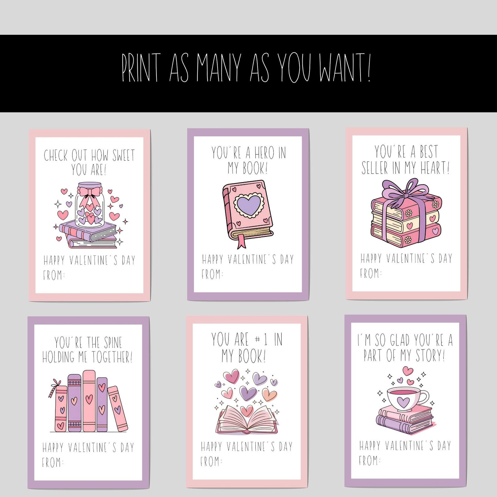 Printable Book Lover Valentine Cards for Kids, Custom Bookish ...
