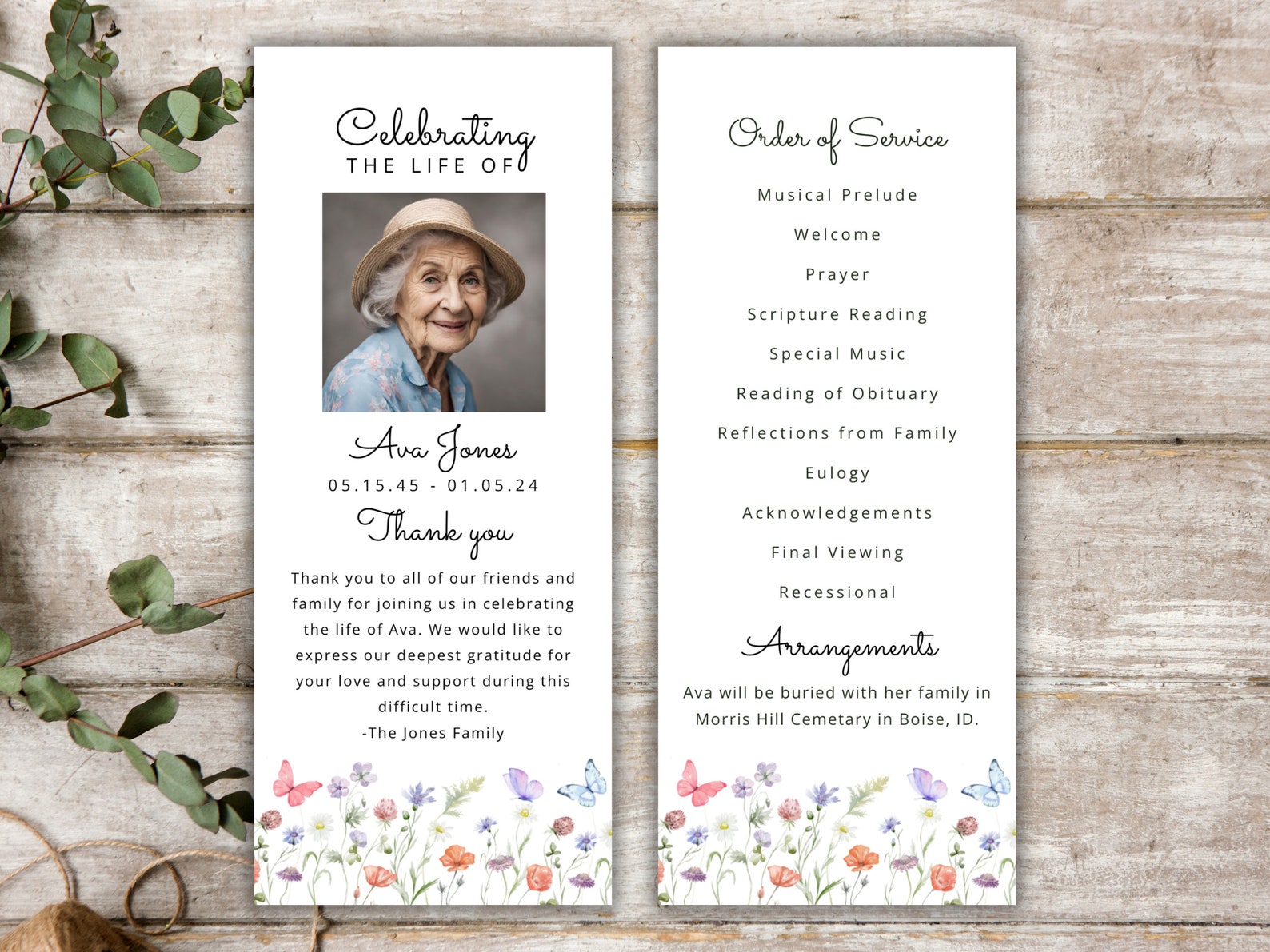 Double Sided Funeral Program Template With Butterflies, Editable ...