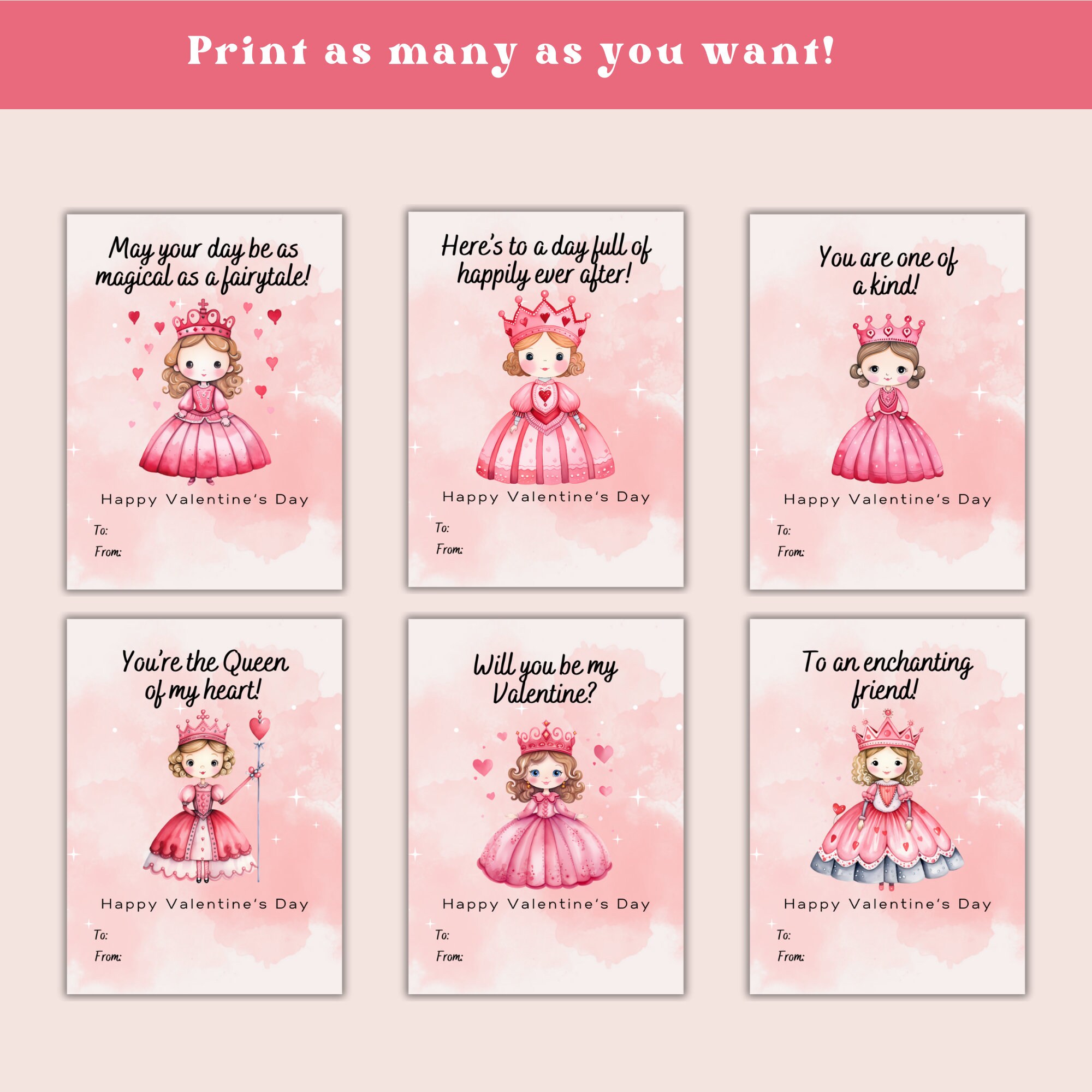 Printable Princess Valentine's Day Cards Class, School Valentine Gift ...
