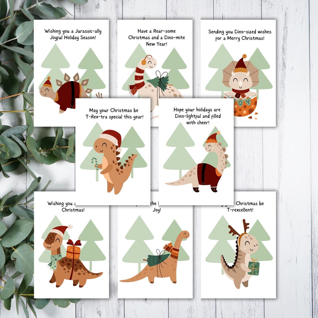 Printable Dinosaur Christmas Card Set: Funny Dino Holiday Cards (PDF ...