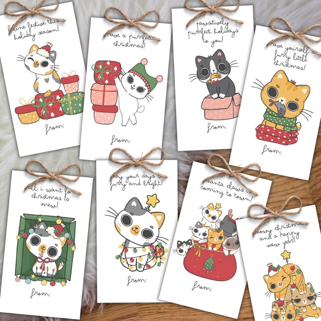 Printable Gift Tags Christmas Cats Set of 8, Cat Holiday Party Favor ...