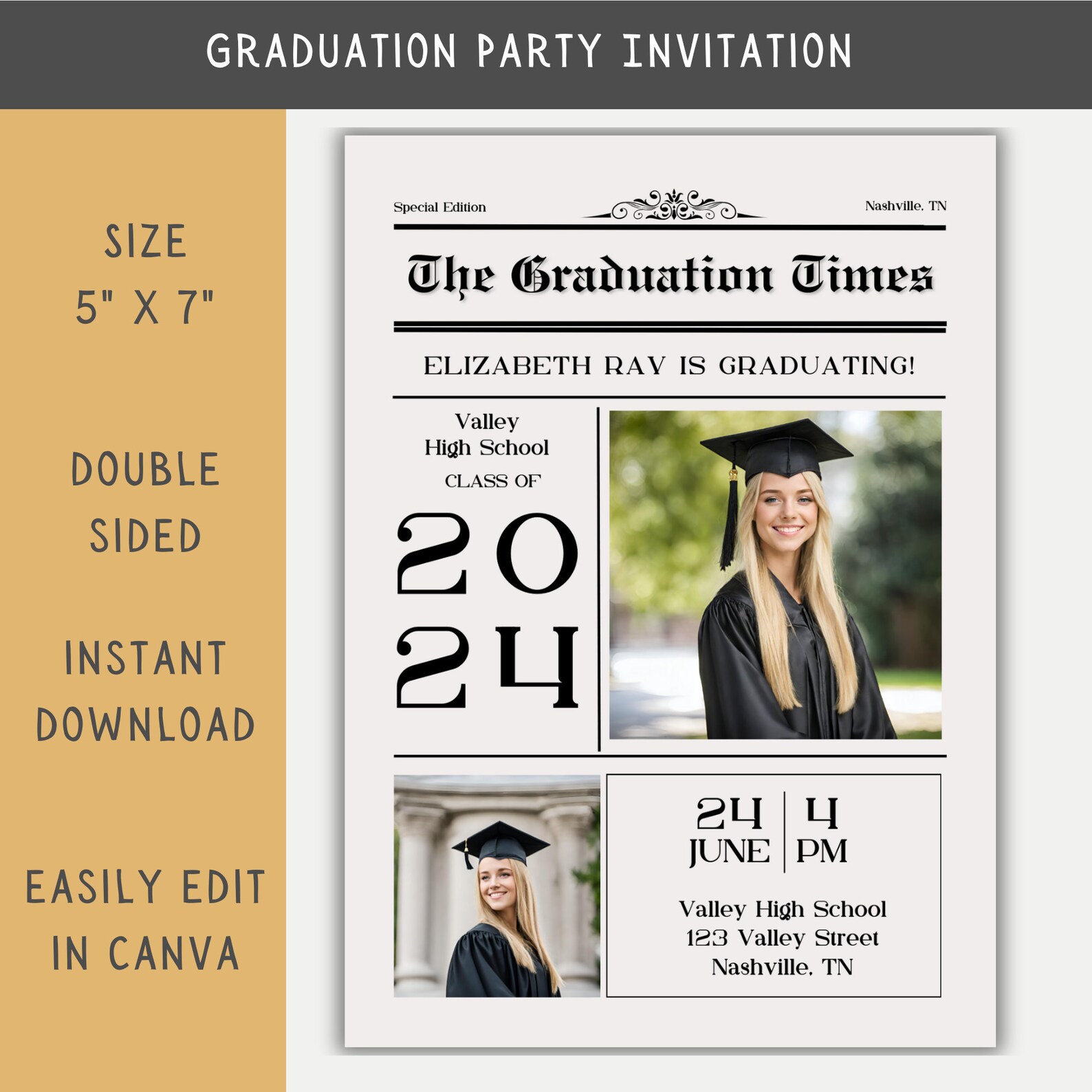 Newspaper Graduation Announcement Template: Vintage Style (digital ...