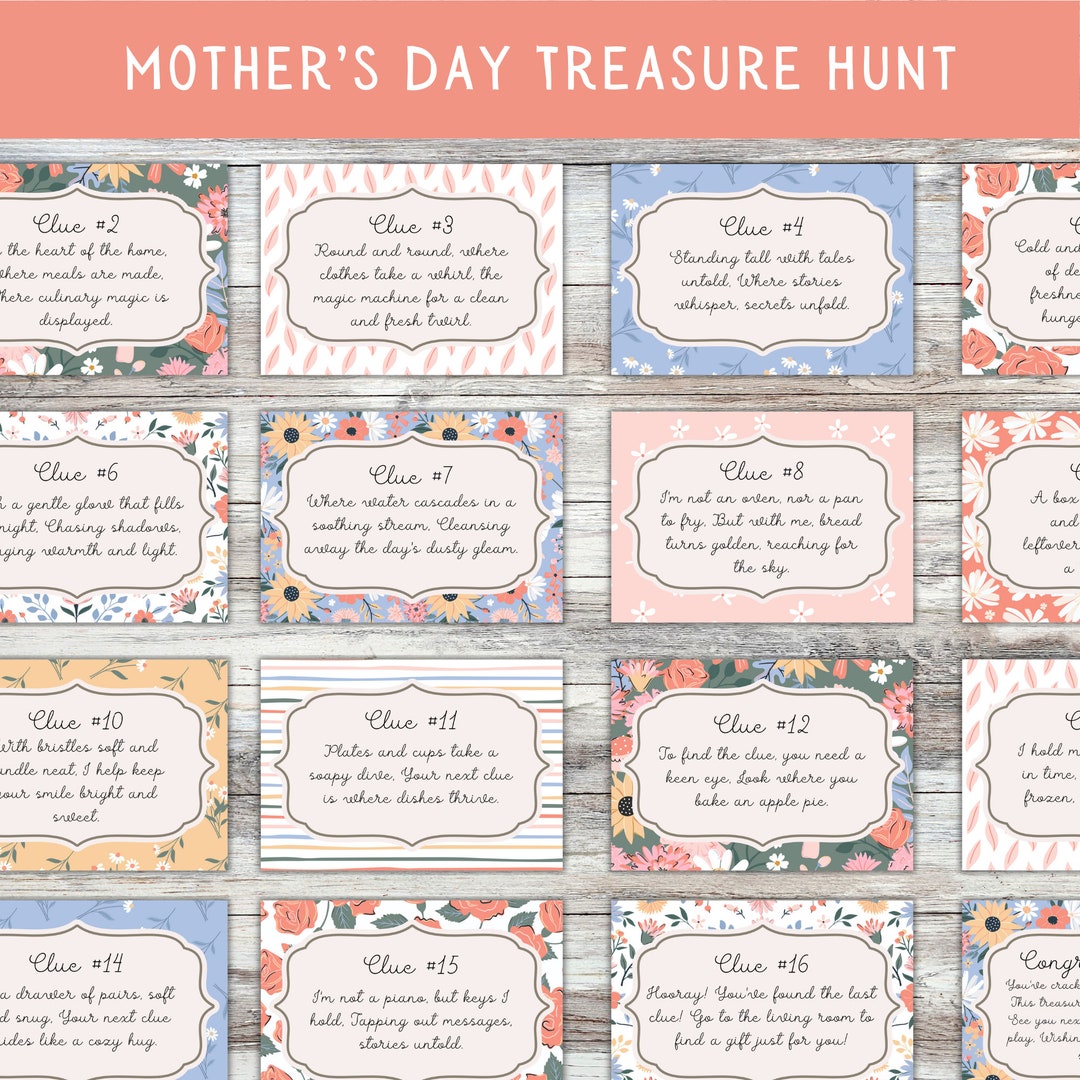 Mother's Day Treasure Hunt Clue Cards, Mother's Day Scavenger Hunt ...